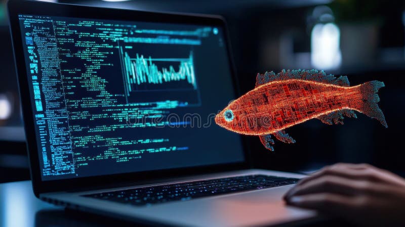 A Person Typing on a Laptop with a Fish on the Screen Stock ...