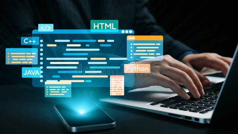 Person Typing on Laptop with Floating Code Symbols in Various ...