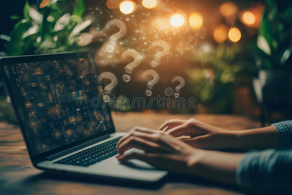 A Person Typing on a Laptop, with Floating Question Marks Over the ...