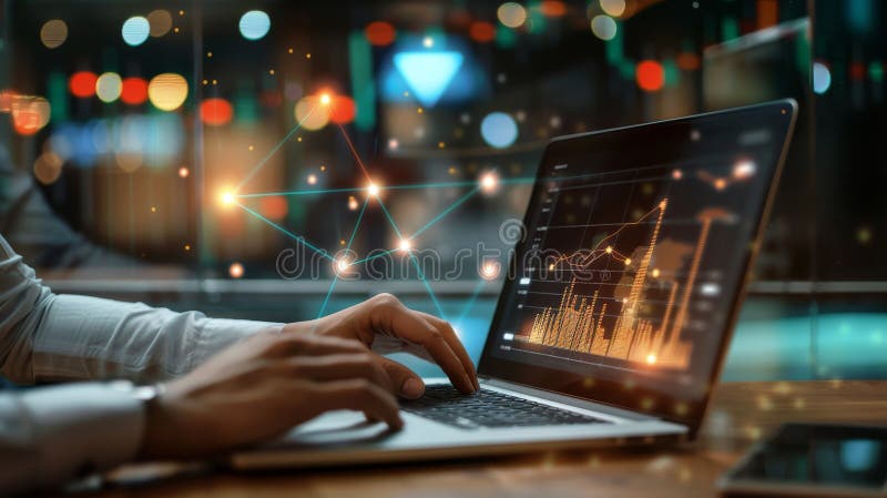 A Person is Typing on a Laptop with a Graph on the Screen Stock Photo ...