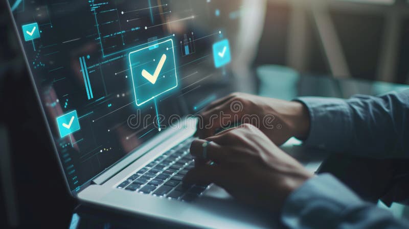 Person Typing on Laptop Keyboard with Digital Checkmark Symbol and Data ...