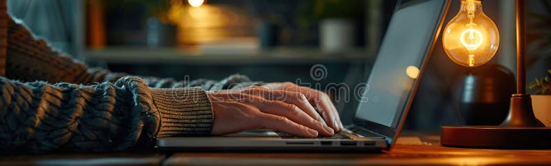 A Person is Typing on a Laptop with a Light Bulb in the Back Stock ...