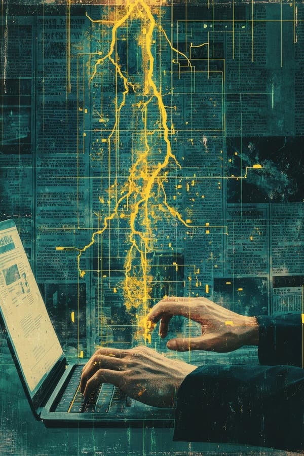 Person Typing on Laptop with Lightning Effect in Abstract Digital Style ...