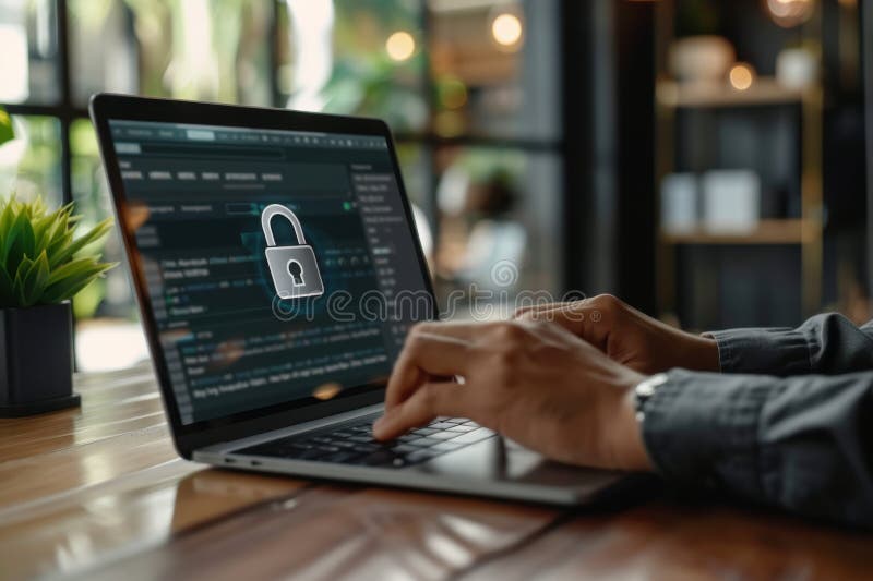 Person Typing on a Laptop with a Lock Symbol on the Screen ...