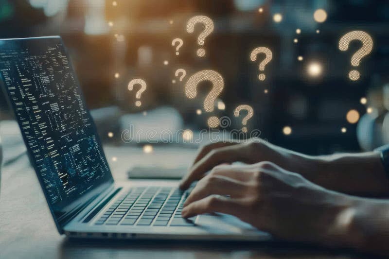 A Person Typing on a Laptop with Question Marks Hovering Over the ...