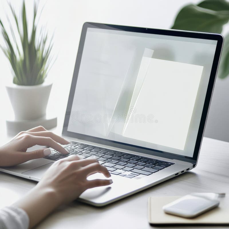 Person Typing Laptop Reflection Green Plant Modern Workspace Stock ...