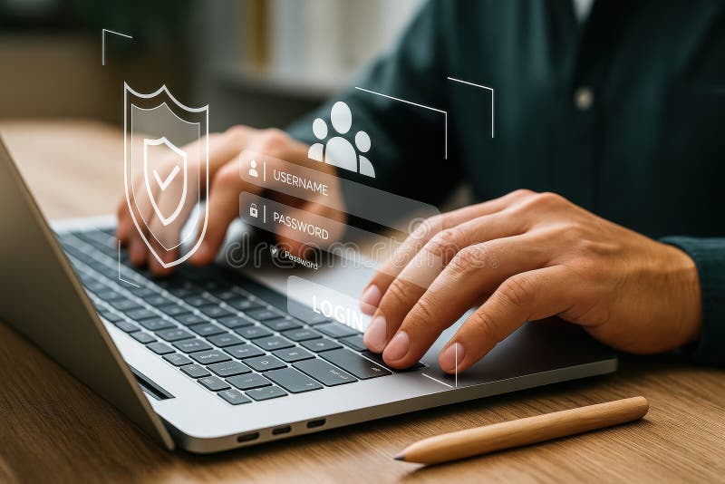 Person is Typing on a Laptop with a Security Screen on the Screen Stock ...