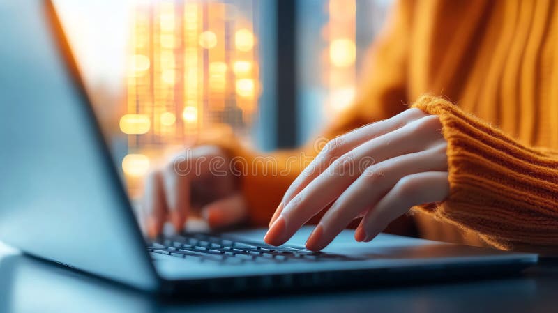 Person Typing on Laptop, Warm Window Light, Focus on Hands and Keyboard ...