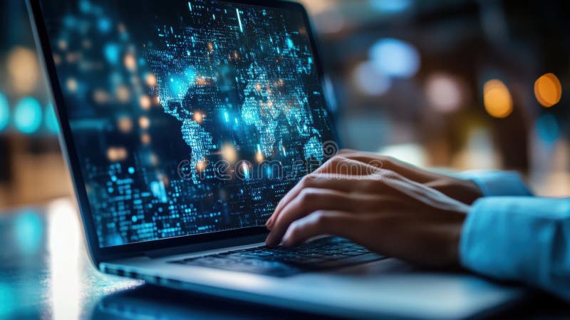 A Person Typing on a Laptop with a World Map on the Screen Stock ...