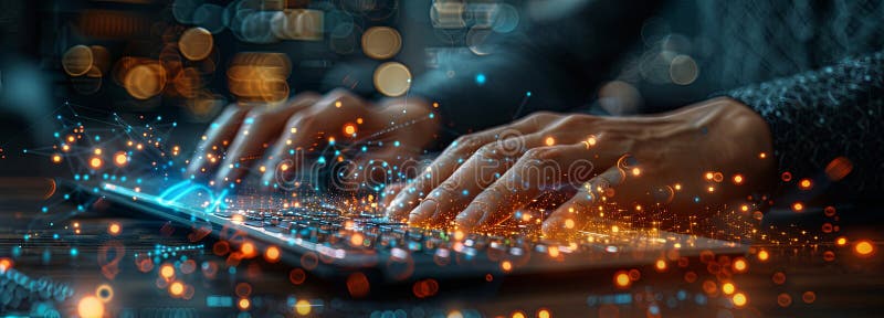 A Person Typing on an Office Computer with Digital Connections and Data ...