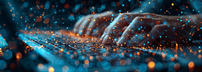 A Person Typing on an Office Computer with Digital Connections and Data ...