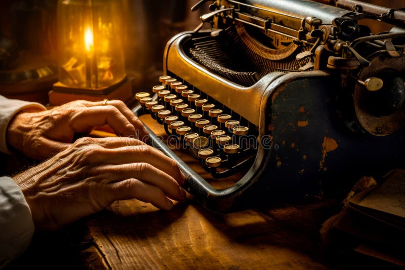 Person Typing on Old - Fashioned Typewriter in Dark Room. Generative AI ...