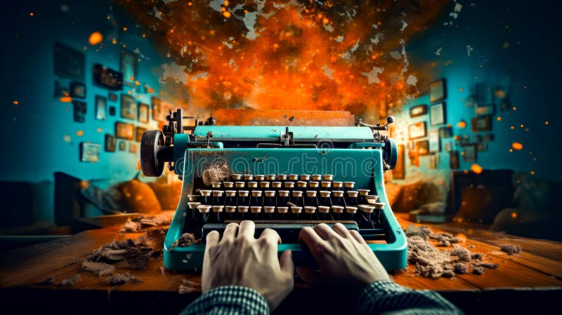 Person Typing on Old - Fashioned Typewriter in Front of Fire ...