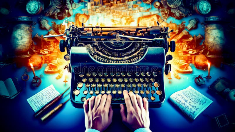 Person Typing on Old Fashioned Typewriter in Front of Painting ...