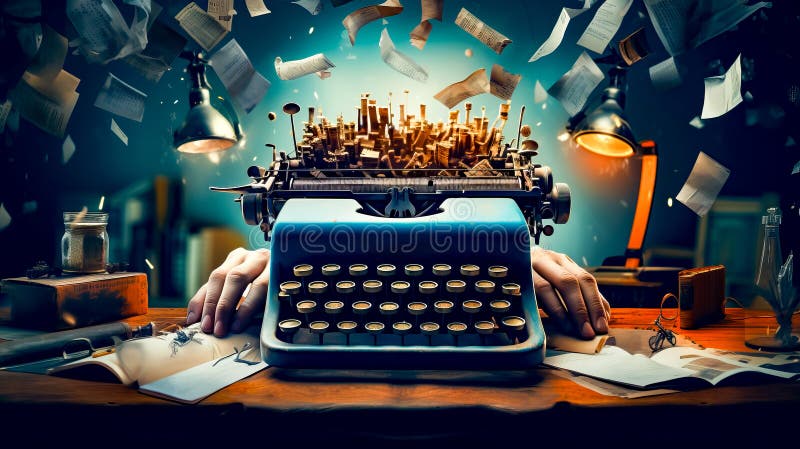Person Typing on Old Typewriter with Lots of Paper Flying Around ...