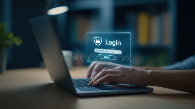 Person Typing Password on Laptop with Glowing Digital Login Screen Interface Overlay for ...