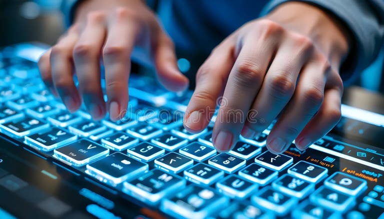 Person Typing Quickly on a Backlit Computer Keyboard at Night Stock ...