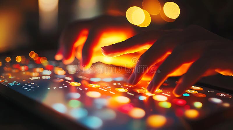 A Person is Typing on a Tablet with a Colorful Screen Stock ...