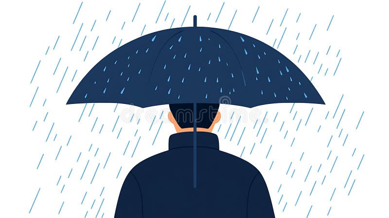 Person Under a Dark Blue Umbrella in Heavy Rain Stock Illustration ...