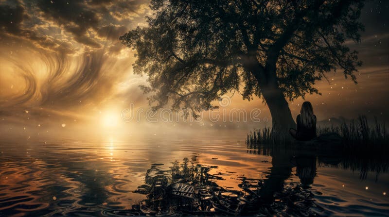 Person Under Tree Watching Sunset Over Water Stock Illustration ...