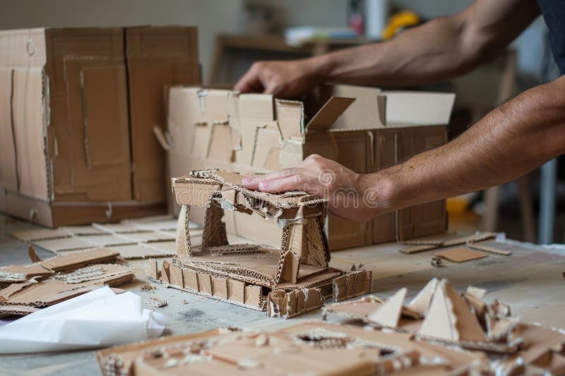 A Person Upcycles Cardboard Boxes into a Model Structure, Upcycling ...