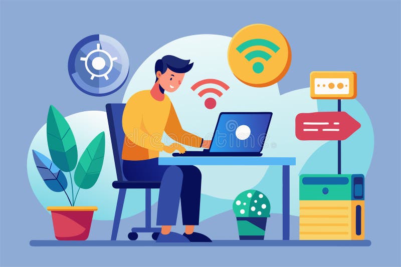 A Person Updates Their Computer Using a Wifi Network while Seated at a ...