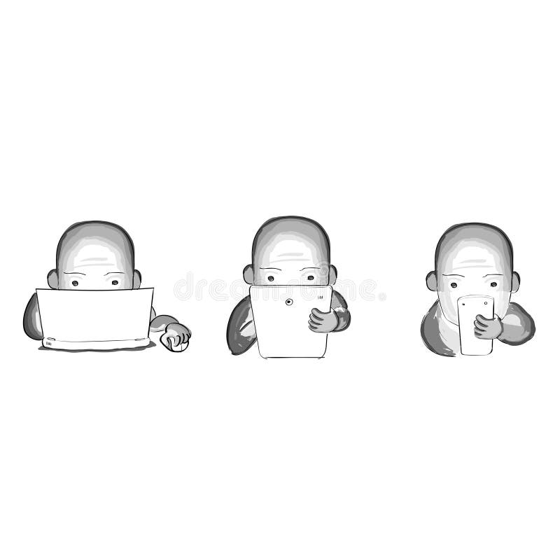 Person Use Laptop Phone Tablet, Hand Draw Sketch Stock Vector ...