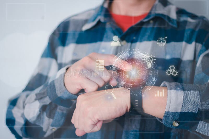 Person Use Smart Watch To Access Big Data on Internet Stock Photo ...