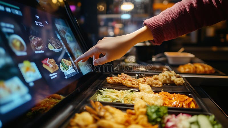 Person Uses Interactive Kiosk To Order Food at a Restaurant Screen ...