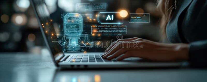 Person Uses Laptop. AI Concept. Prompt Engineering Work Support ...