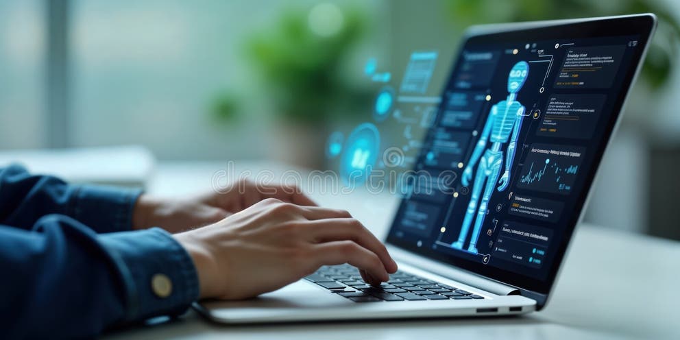 Person Uses Laptop with AI Virtual Assistant Interface. Hands Type on ...