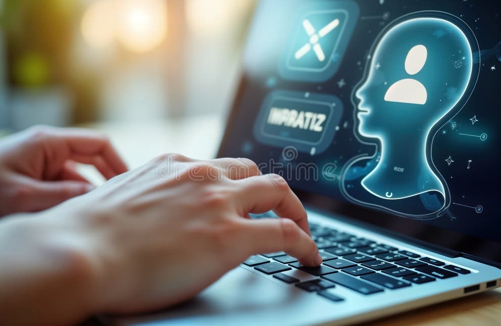 Person Uses Laptop with AI Virtual Assistant Interface. Hands Type on ...