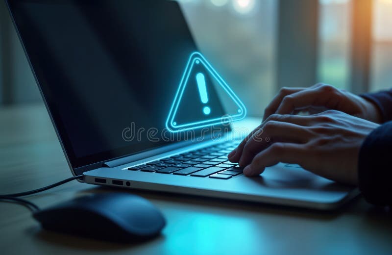 Person Uses Laptop Computer. Warning Symbol Appears on Screen. Concept ...