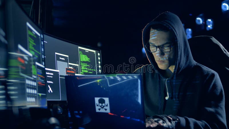 One Man Works with a Laptop, Hacking System, Close Up. Stock Video ...