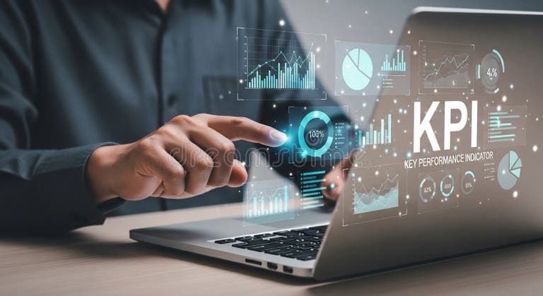 Person Interacting with Kpi Dashboard on Laptop with Data Visualizations and Key Performance ...