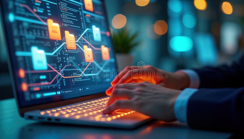 Person Uses Laptop for Document Management. Techy Interface Shows ...