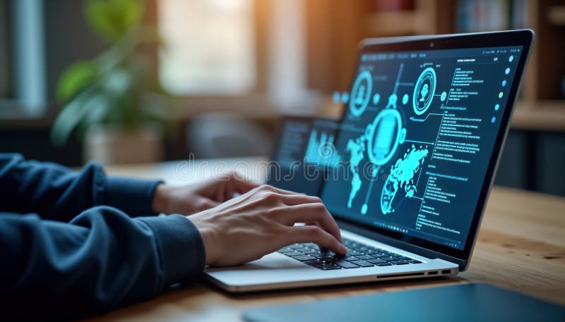 Person Uses Laptop Interacting with AI Assistant. AI Tech Supports Work ... Person Uses Laptop Interacting with AI Assistant. AI Tech Supports Work ...