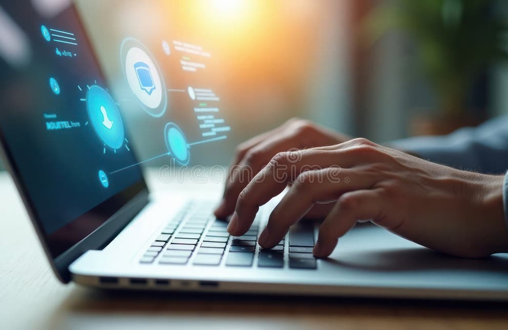 Person Uses Laptop Interacting with AI Virtual Assistant. Hands Type on ...