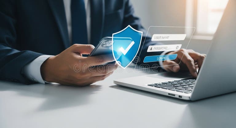 A Person Using a Laptop and Mobile Phone with a Security Shield and ...