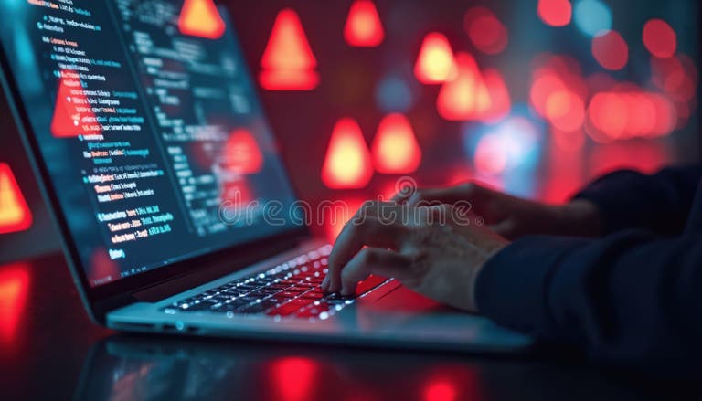 Person Uses Laptop with Multiple Red and Blue Warning Signs Floating ...