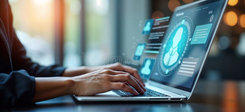 Person Uses Laptop for Online Customer Service Chat with Chatbot. Hands Type on Keyboard ...