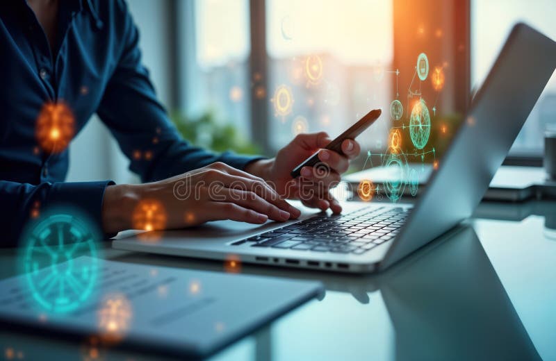 Person Uses Laptop, Phone. AI Tech Concept. Modern Office Setting ...