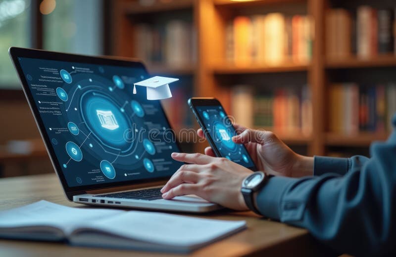 Person Uses Laptop, Phone for Online Education. Digital Learning ...