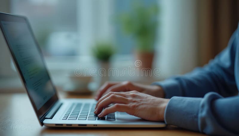 Person Uses Laptop Screen Reader with Limited Vision. Hands Typing Text ...