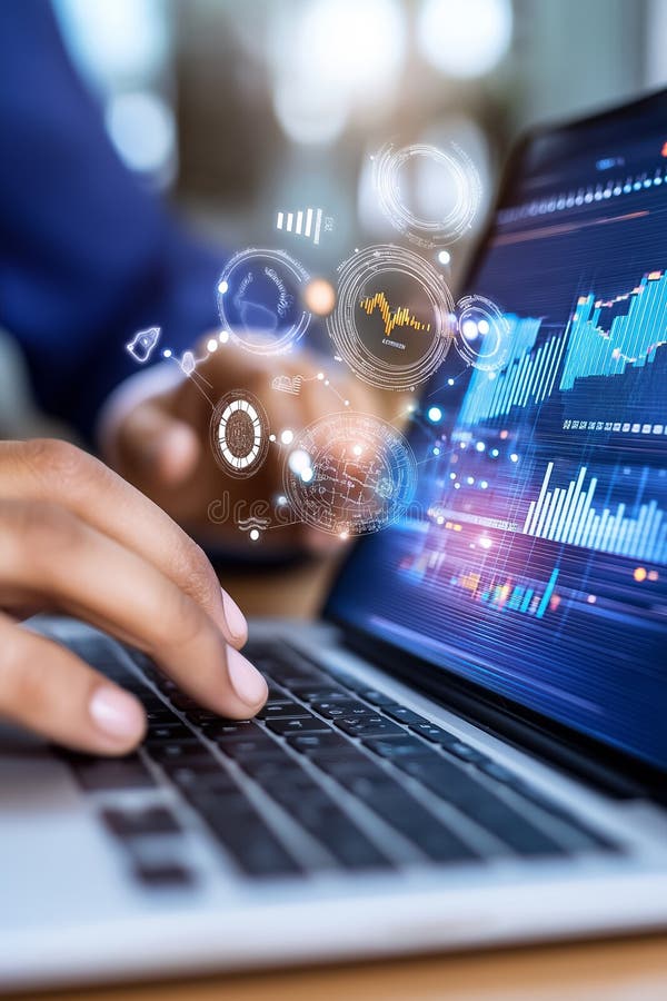 A Person Uses a Laptop To Explore Data Trends, Featuring Dynamic Graphs ...