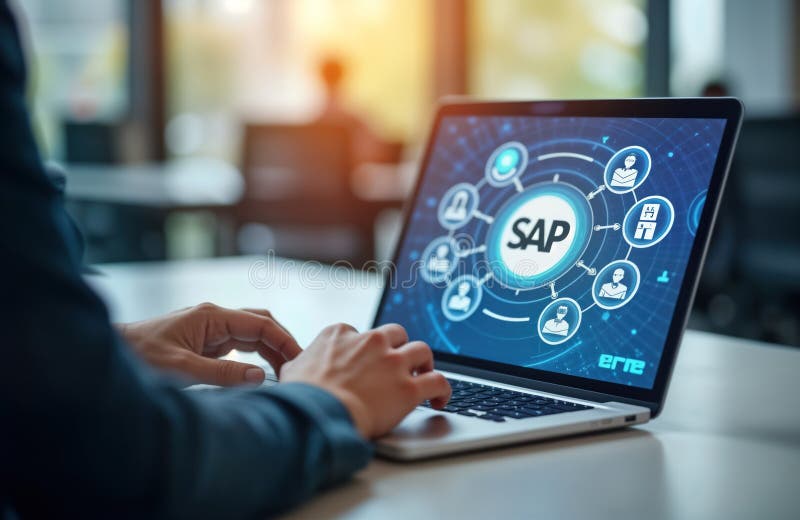 Person Uses Laptop To Work with Software. Hands Type on Keyboard. ERP ...