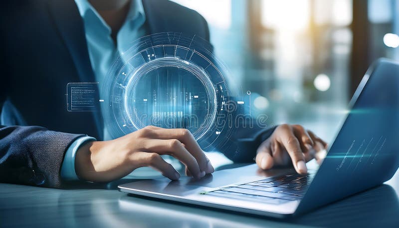 Person Uses Laptop with Transparent Interface for Project Management ...