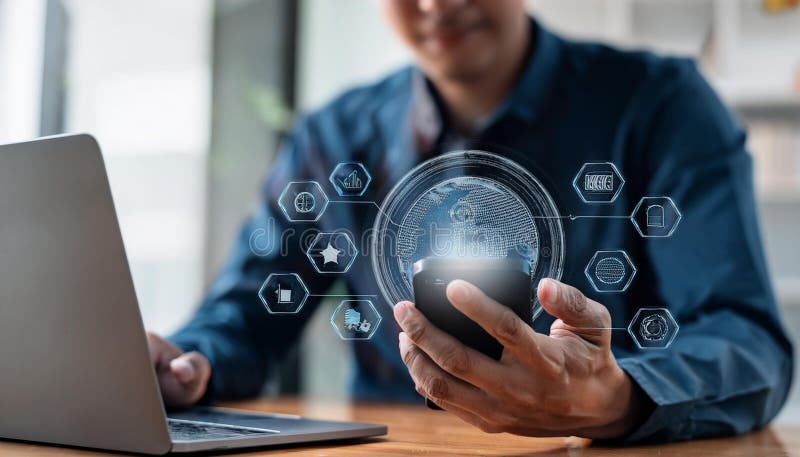 A Person Uses a Smartphone and Laptop, Interacting with Holographic ... A Person Uses a Smartphone and Laptop, Interacting with Holographic ...