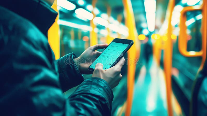 A Person Uses a Smartphone while Traveling on a Subway Train, Browsing ...