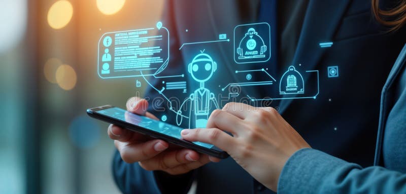 Person Uses Smartphone with Virtual AI Chatbot. Futuristic Tech Concept ...
